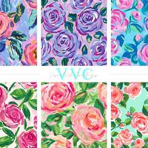 Preppy Roses Digital Paper, 10 Seamless Colorful Patterns for Printable ...