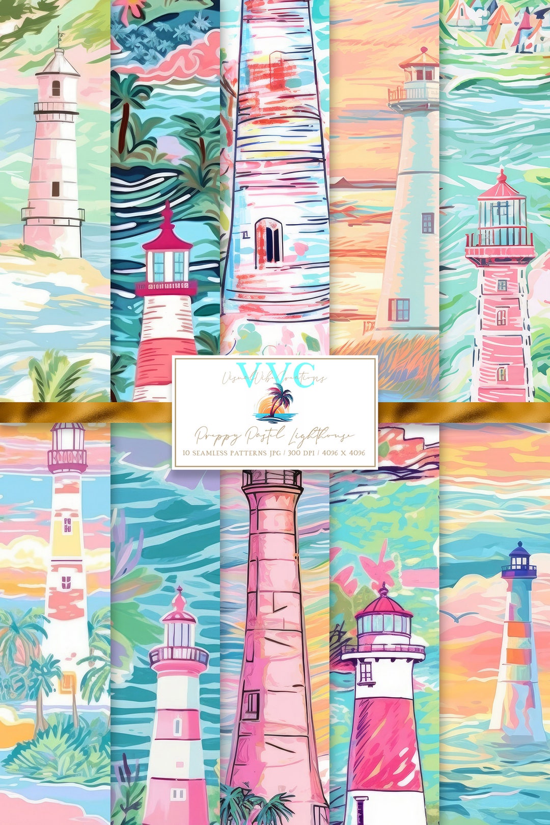 Preppy Pastel Lighthouse Digital Paper, 10 Seamless Preppy Colorful ...