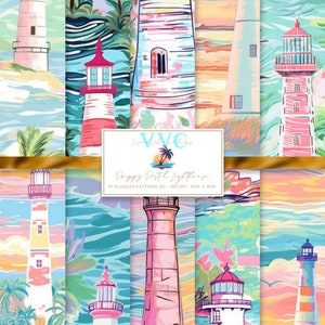 Preppy Pastel Lighthouse Digital Paper, 10 Seamless Preppy Colorful ...