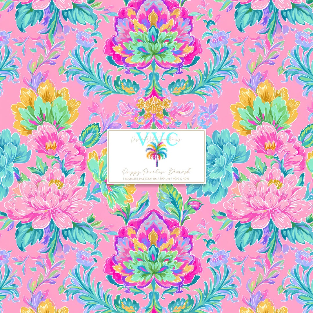 Preppy Paradise Damask, 1 Seamless Pattern, Bright Pink Tropical Floral ...
