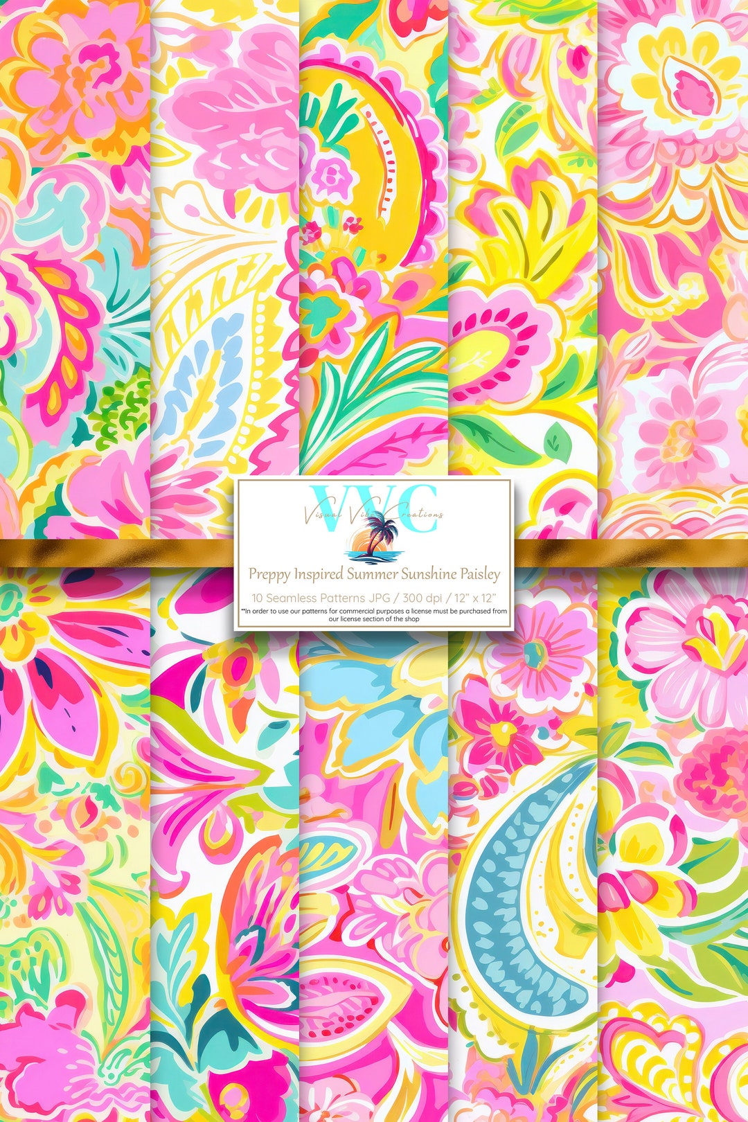 Preppy Inspired Summer Sunshine Paisley Digital Paper, 10 Seamless ...