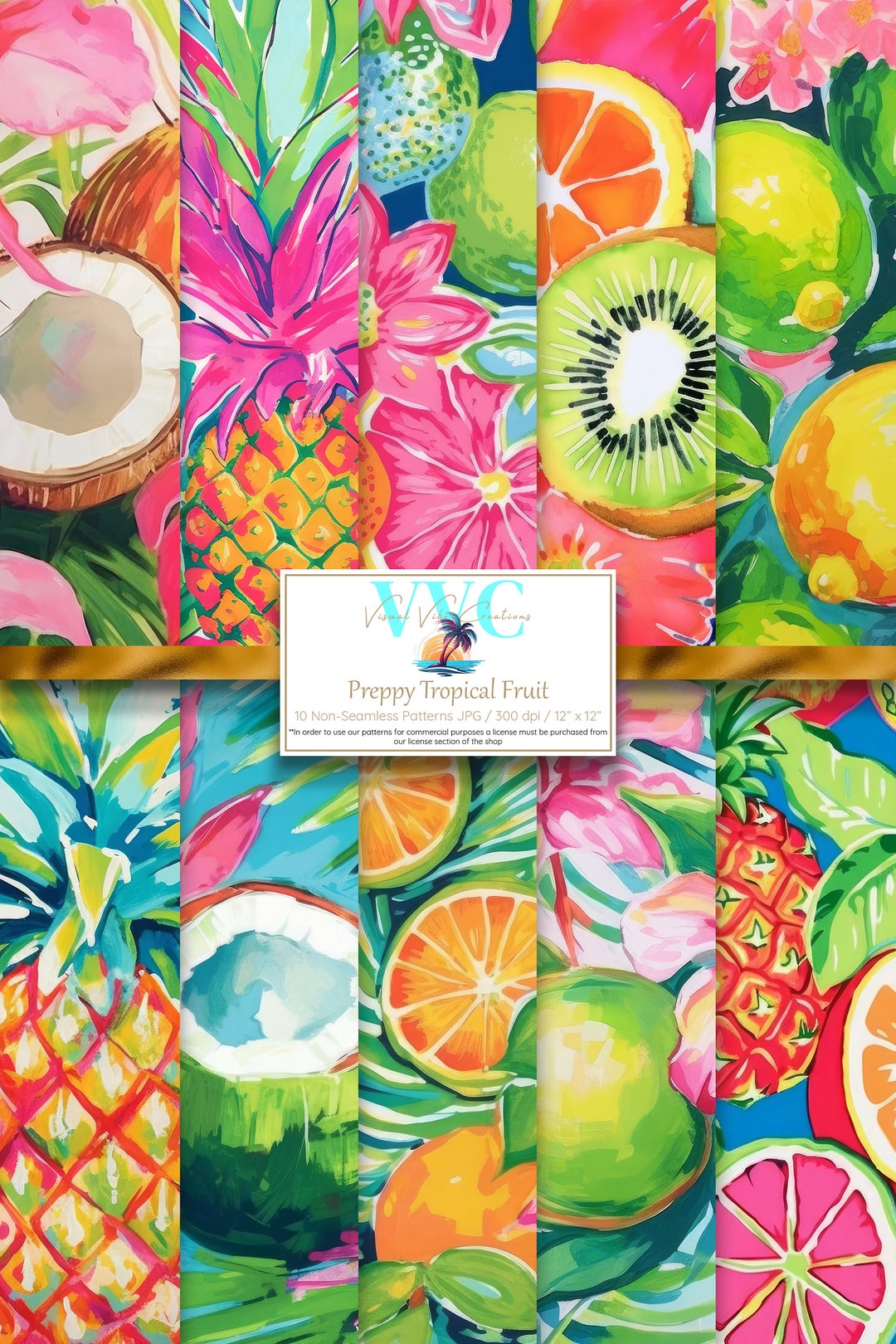 Preppy Tropical Fruit, 10 Non-seamless Colorful Digital Papers Instant ...