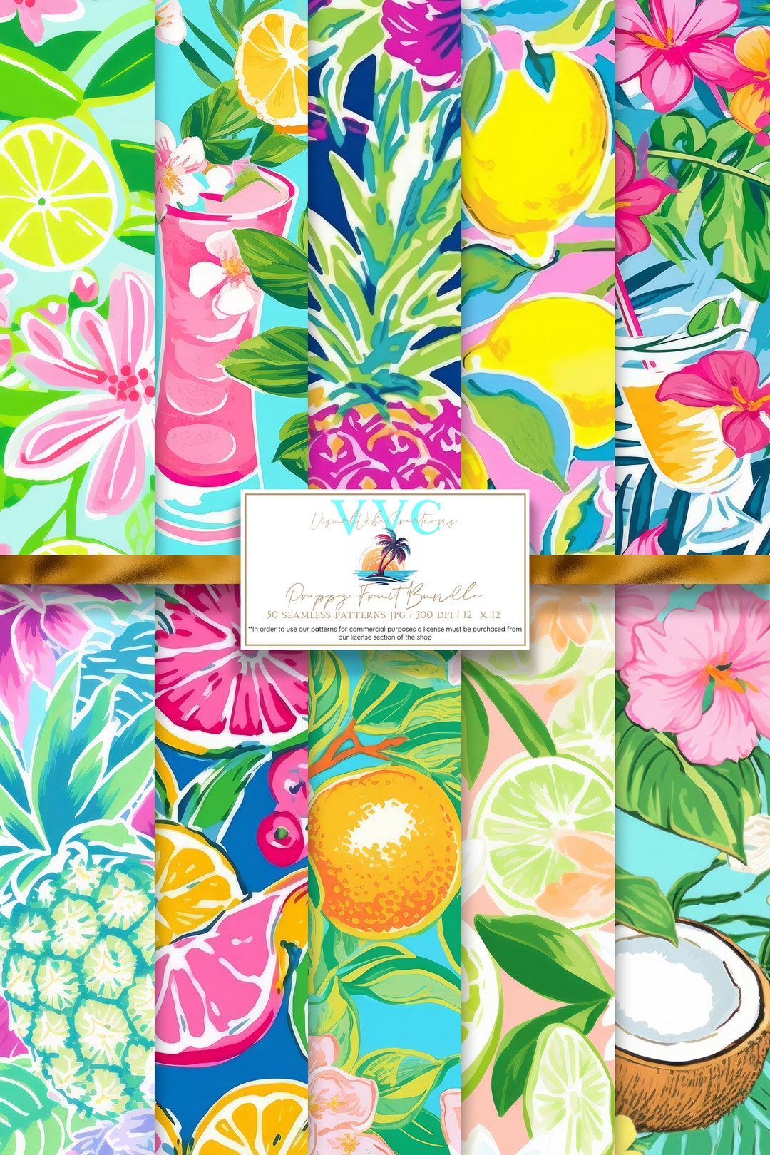 50 Seamless Preppy Fruit Patterns Bundle Digital Paper for Scrapbooks ...