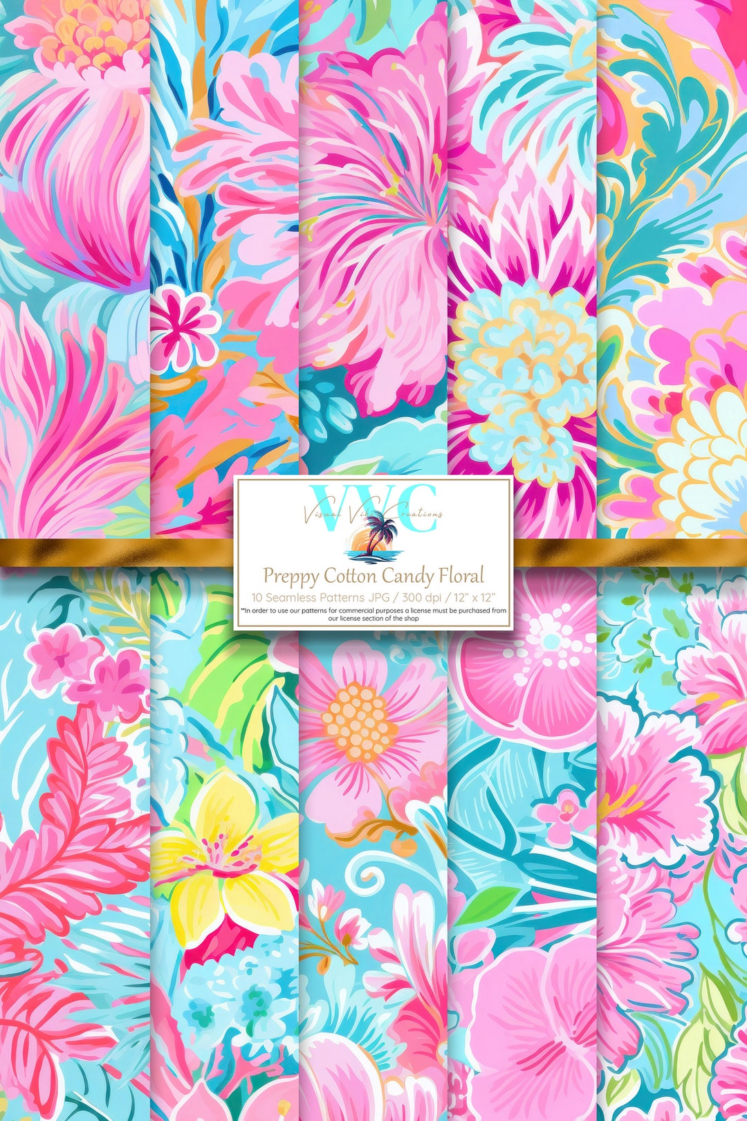 Preppy Cotton Candy Floral Digital Paper, 10 Seamless Flower Patterns ...