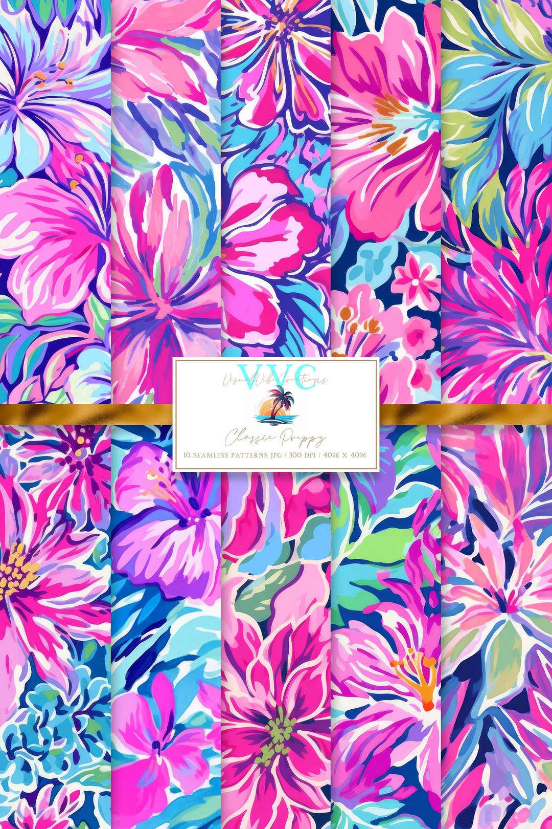 Classic Preppy Digital Paper, 10 Seamless Floral Patterns for Printable ...
