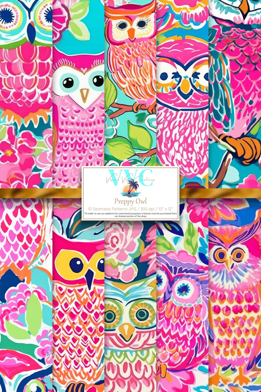 Preppy Owl Digital Paper, 10 Seamless Floral Patterns for Printable ...