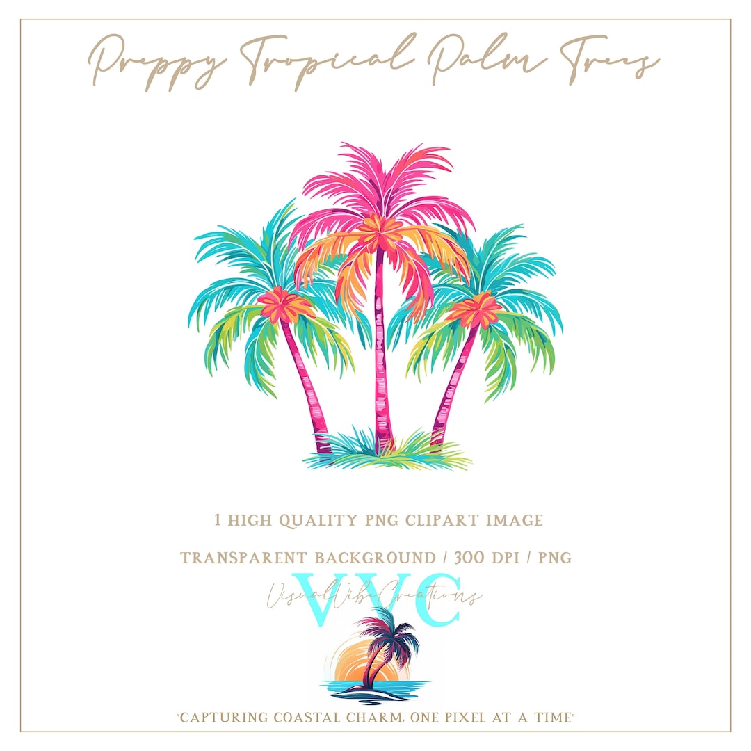 Preppy Tropical Palm Trees Clip Art - Transparent Background in PNG ...