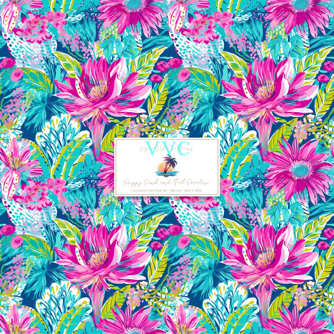 Preppy Pink & Teal Paradise Digital Paper, 1 Seamless Pattern for ...
