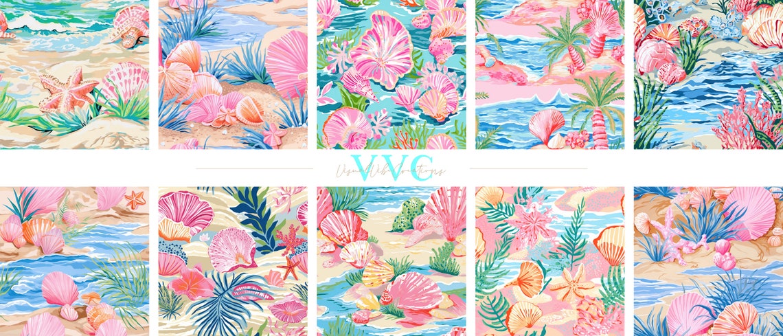 Preppy Inspired Seashells - Pack #2 Digital Paper, 10 Seamless Patterns ...