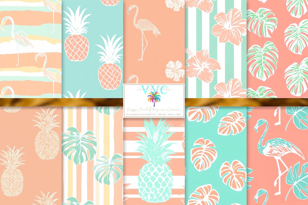 Preppy Coral and Turquoise Summer Digital Paper, 10 Seamless Patterns ...