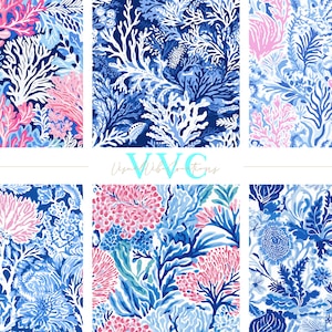 Preppy Blue & White Coral Digital Paper, 10 Seamless Tropical Patterns ...