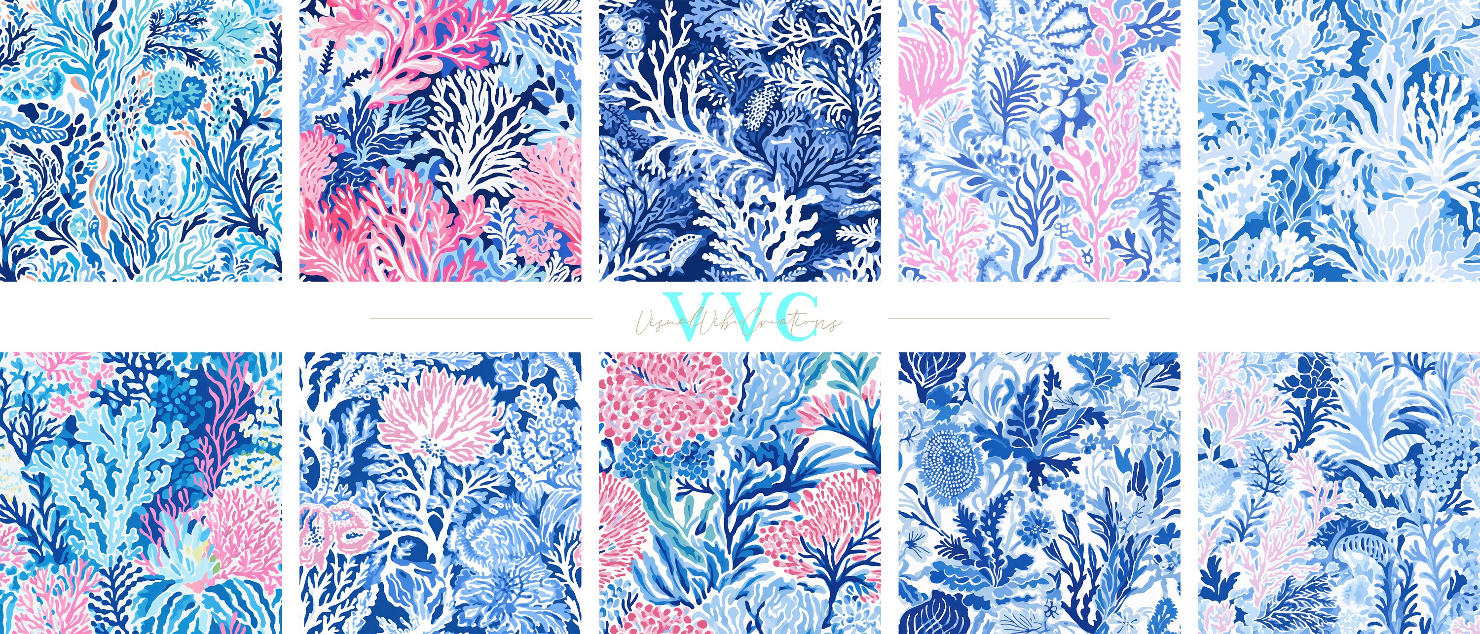 Preppy Blue & White Coral Digital Paper, 10 Seamless Tropical Patterns ...