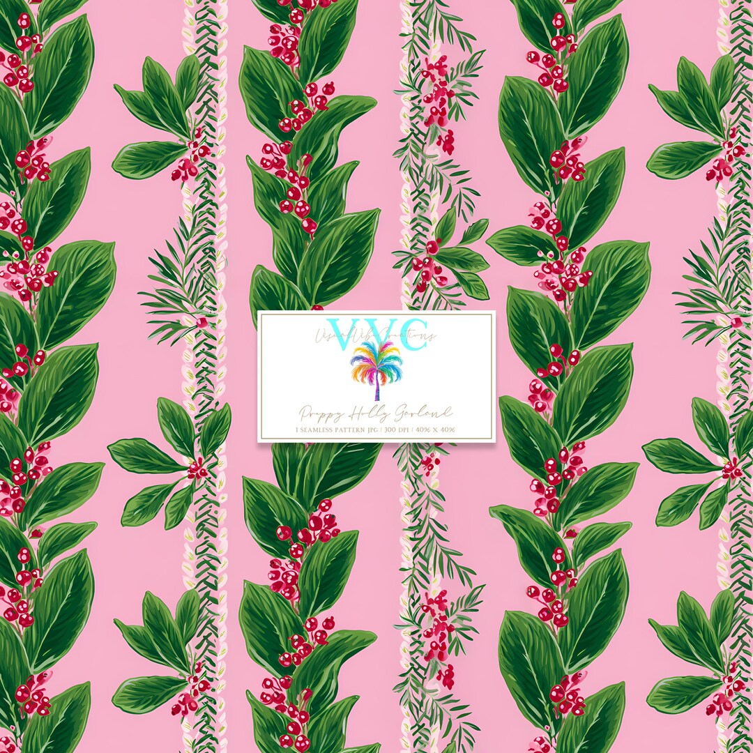 Preppy Holly Garland, 1 Seamless Pattern, Pink Christmas Holly Stripe ...