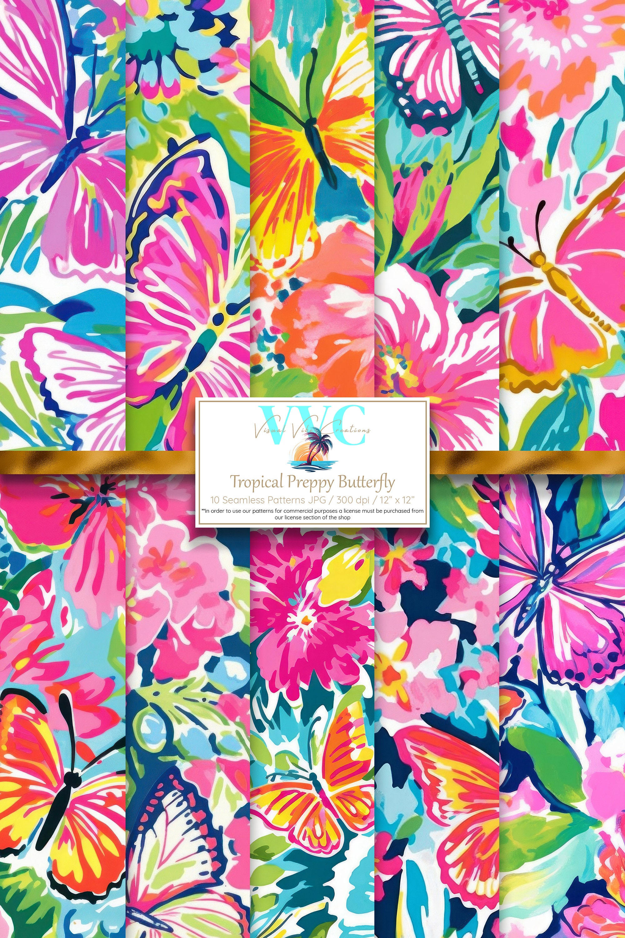 Tropical Preppy Butterfly Digital Paper, 10 Seamless Floral Patterns ...