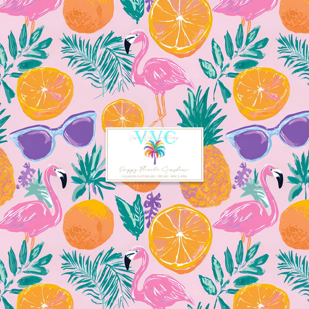 Preppy Florida Sunshine, 1 Seamless Pattern, Flamingos Oranges Palms ...
