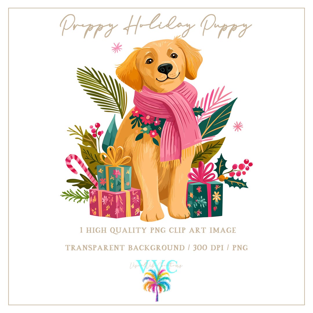 Preppy Holiday Puppy Clip Art, Christmas Dog PNG, Golden Retriever ...