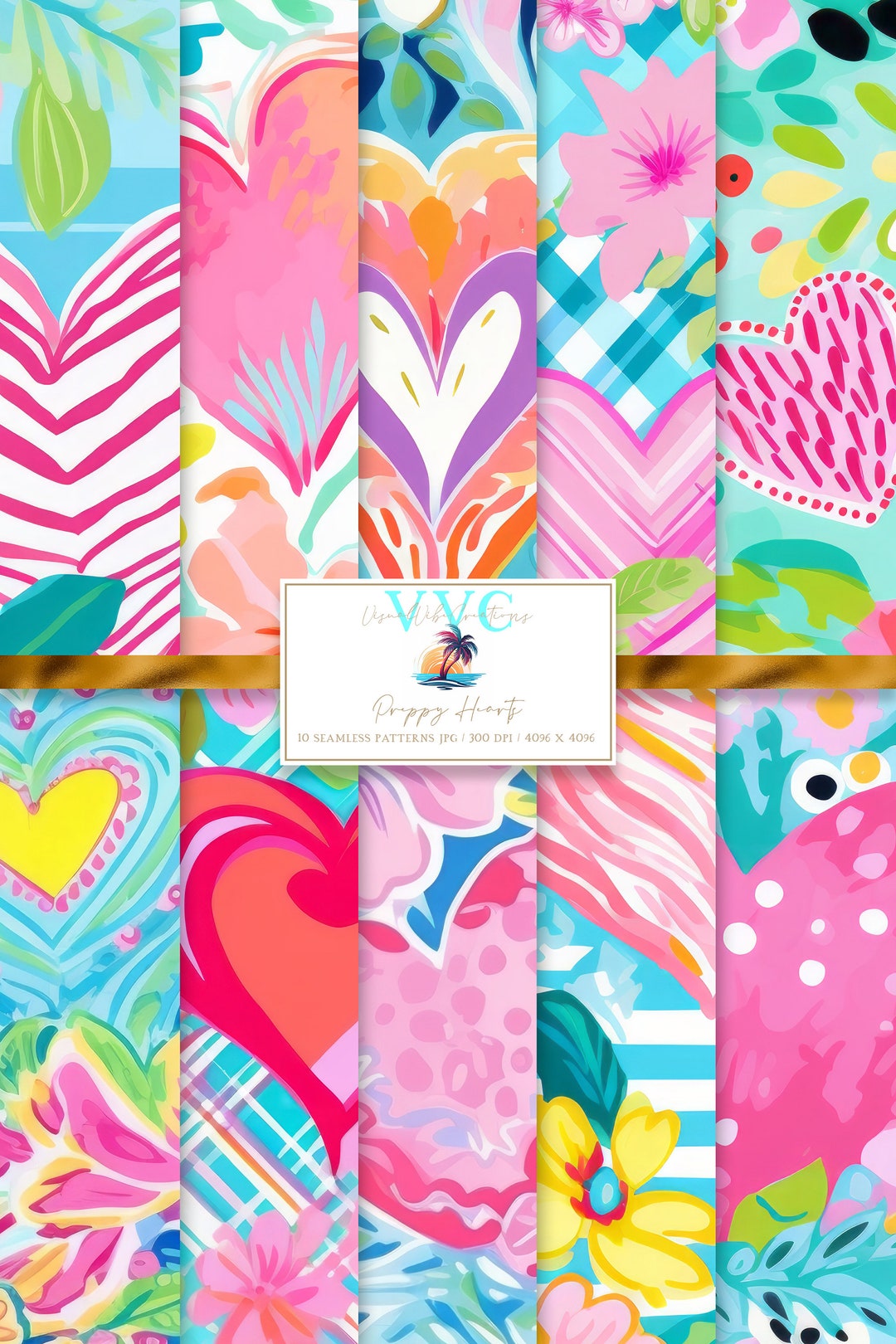 Preppy Hearts Digital Paper, 10 Seamless Patterns for Printable ...
