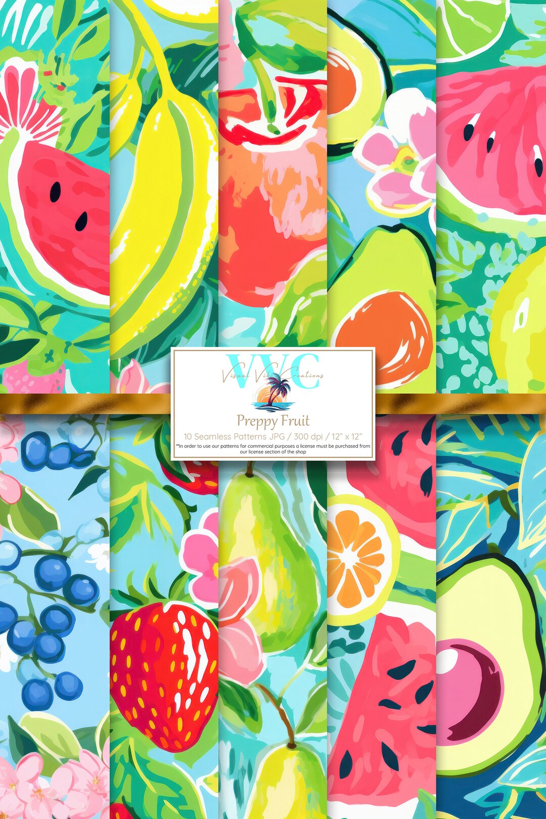 Preppy Fruit Digital Paper, 10 Seamless Patterns for Printable ...
