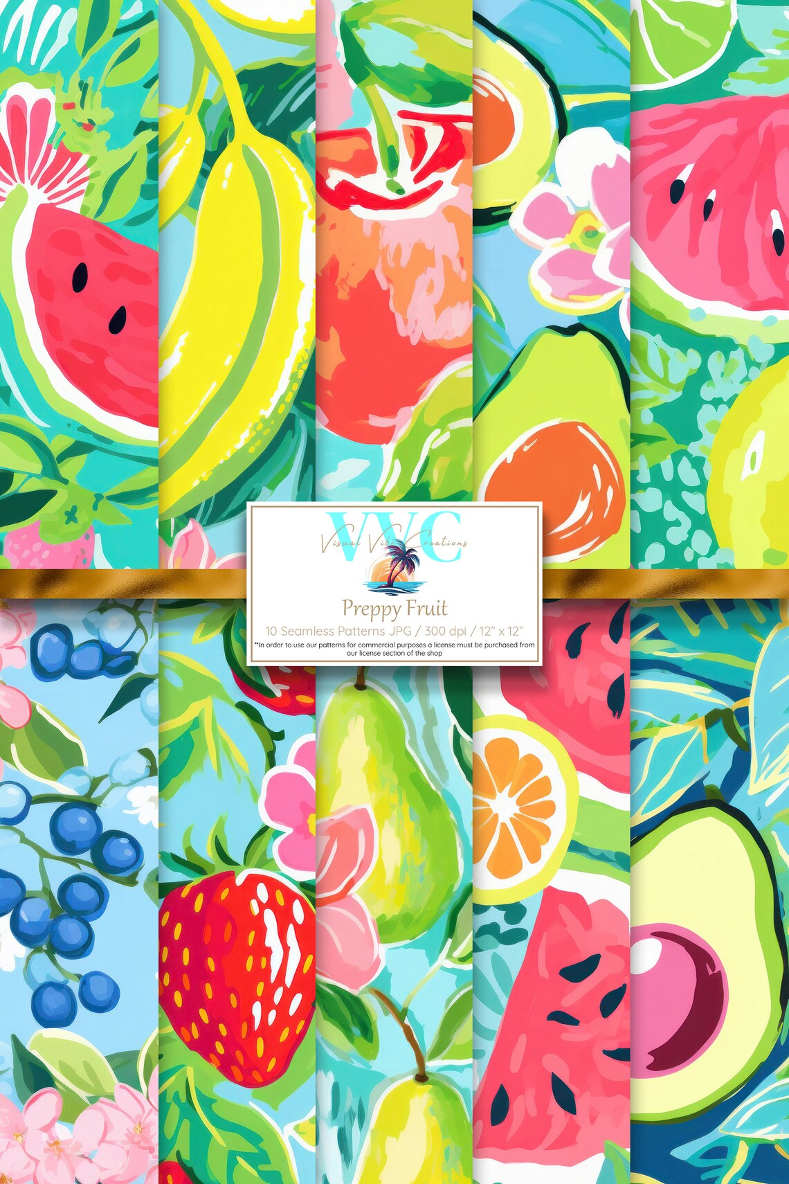 Preppy Fruit Digital Paper 10 Seamless Patterns for Printable - Etsy
