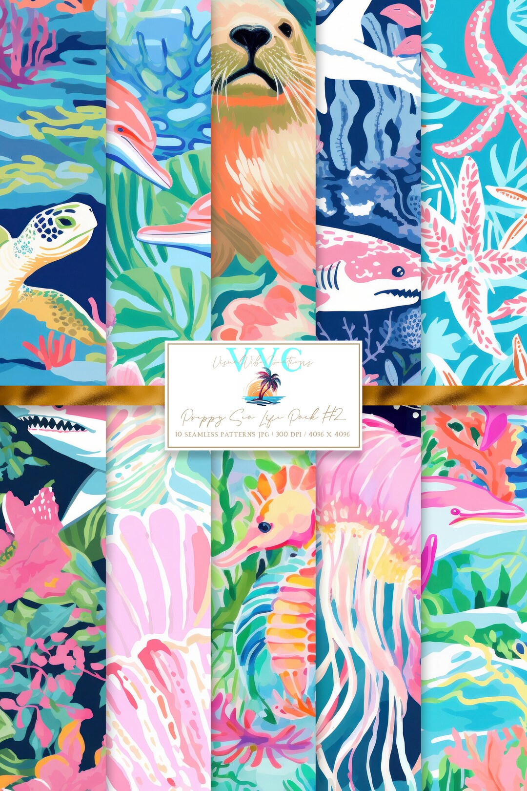 Preppy Sea Life Pack #2 Digital Paper, 10 Seamless Patterns for ...