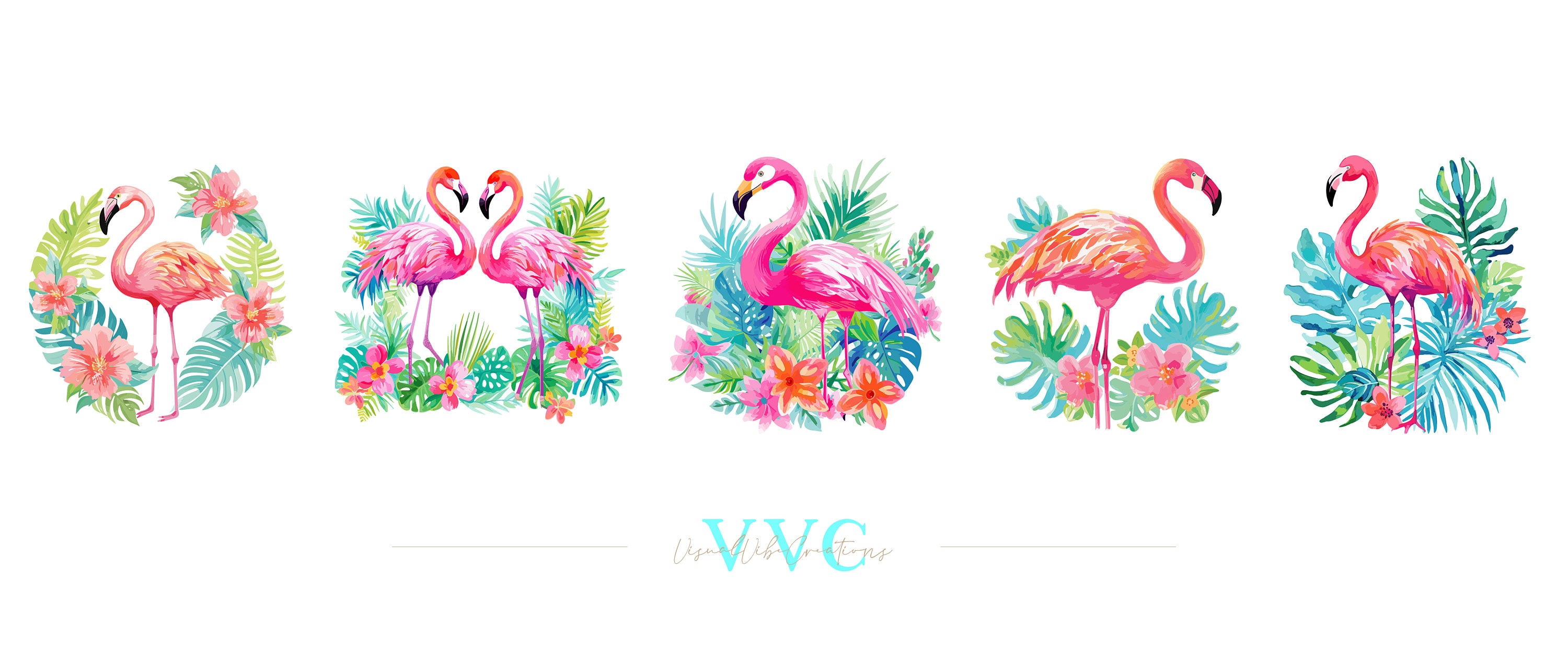 Preppy Flamingo Clipart Pack of 5 Transparent Background in - Etsy