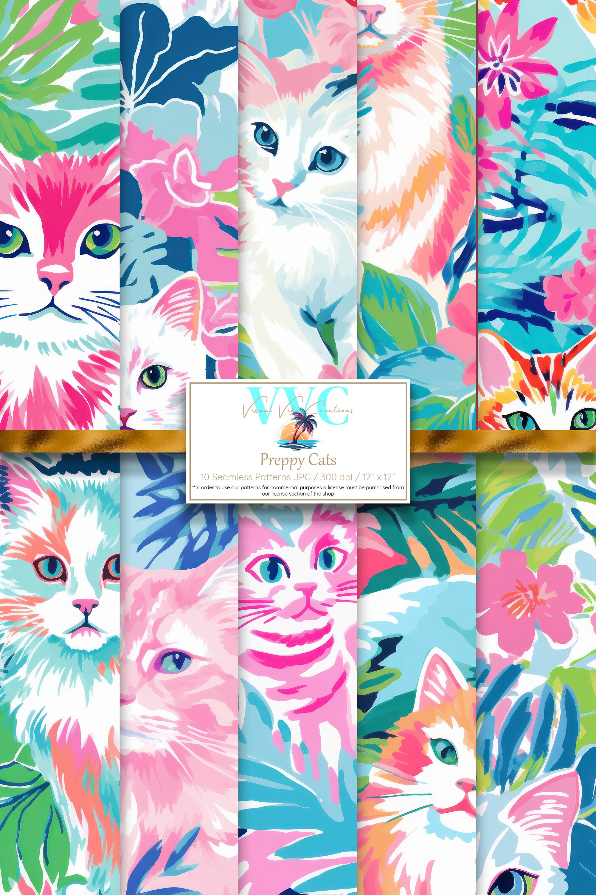 Preppy Cats Digital Paper, 10 Seamless Patterns for Printable Scrapbook ...
