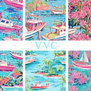 Preppy Fishing Boats Digital Paper, 10 Seamless Tropical Patterns for ...