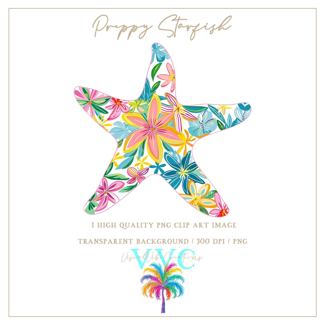 Preppy Starfish Clip Art - Transparent Background in PNG, Floral, Beach ...