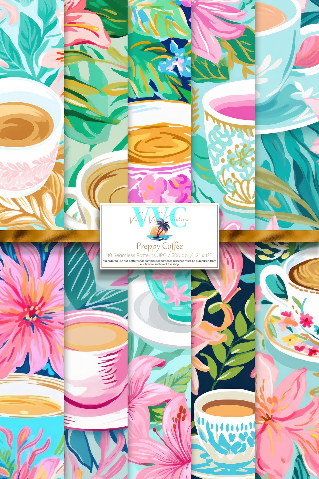 Preppy Coffee Digital Paper, 10 Seamless Floral Patterns for Printable ...