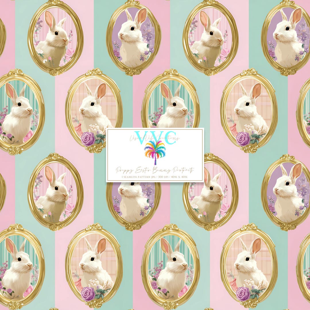 Preppy Easter Bunny Portraits, 1 Seamless Pattern, Pastel Digital Paper ...
