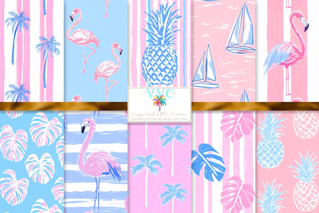 Preppy Pink & Blue Summer Digital Paper, 10 Seamless Patterns for ...