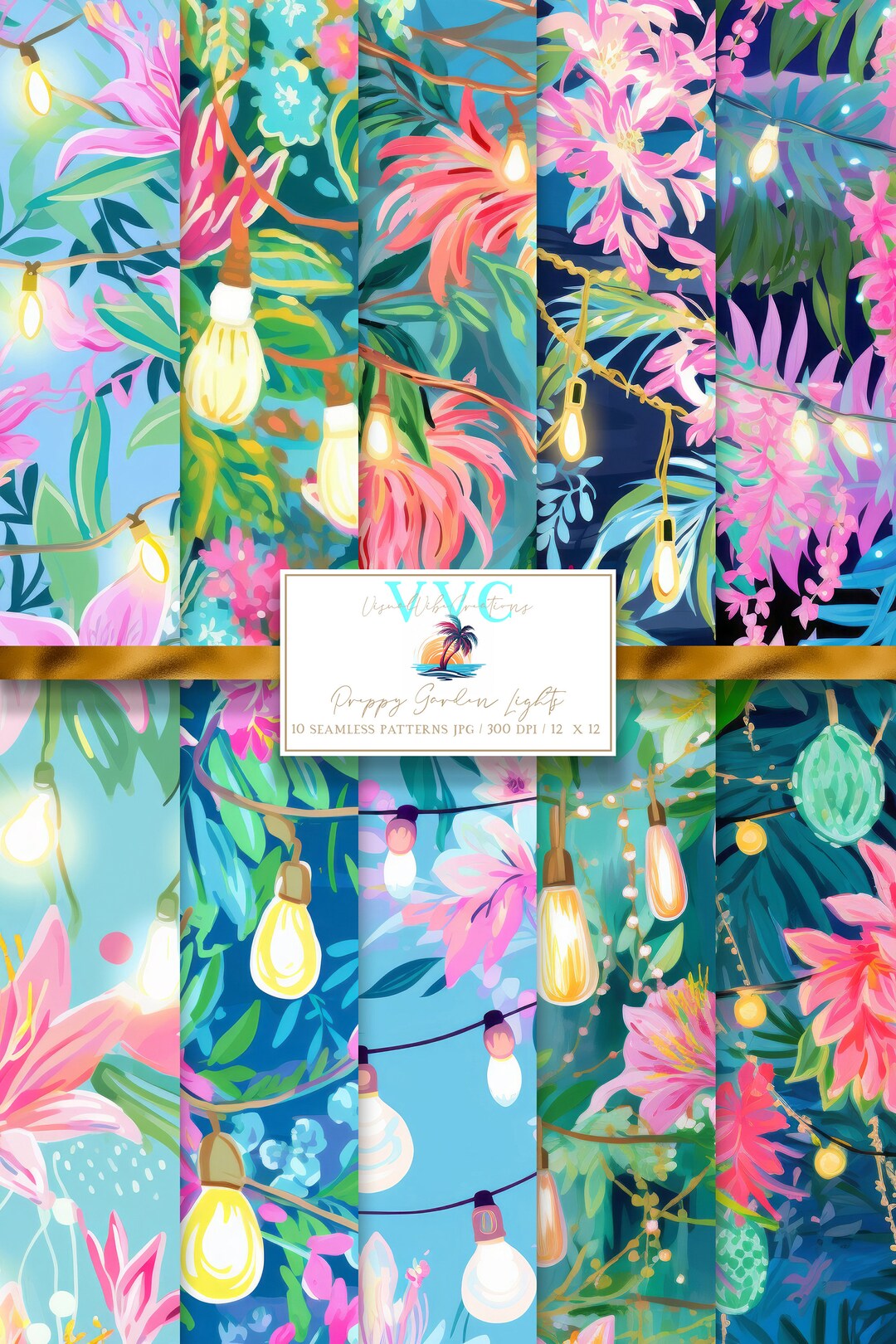 Preppy Garden Lights Digital Paper, 10 Seamless Patterns for Printable ...
