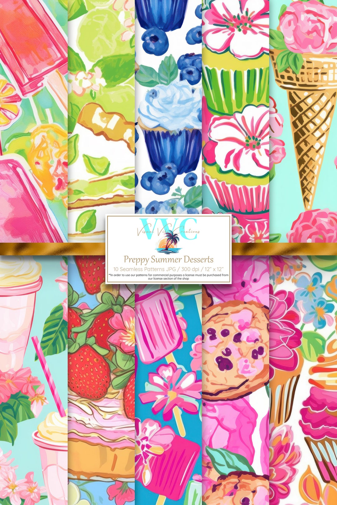 Preppy Summer Desserts Digital Paper, 10 Seamless Patterns for ...