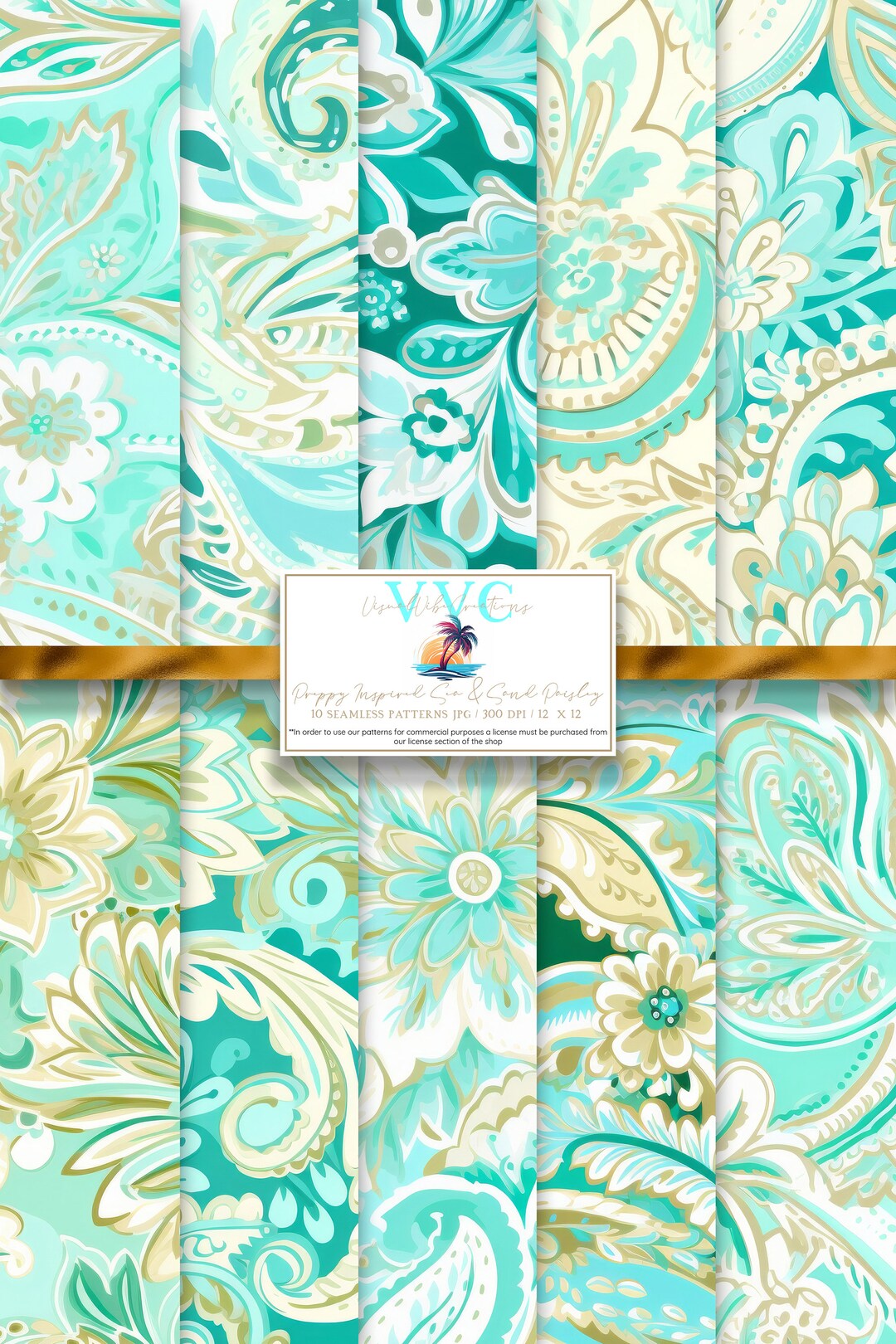 Preppy Inspired Sea & Sand Paisley Digital Paper, 10 Seamless Colorful ...
