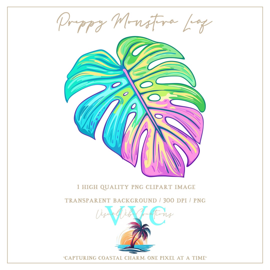 Preppy Monstera Leaf Clip Art - Transparent Background in PNG - Vibrant ...