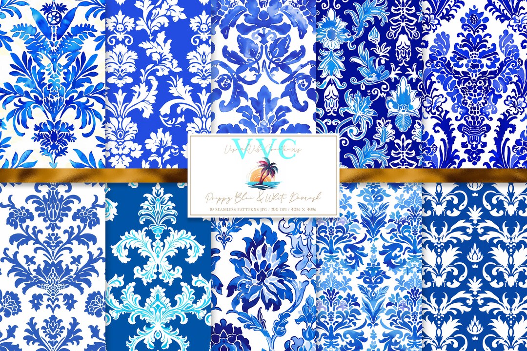 Preppy Blue & White Damask Digital Paper, 10 Seamless Beach Patterns ...