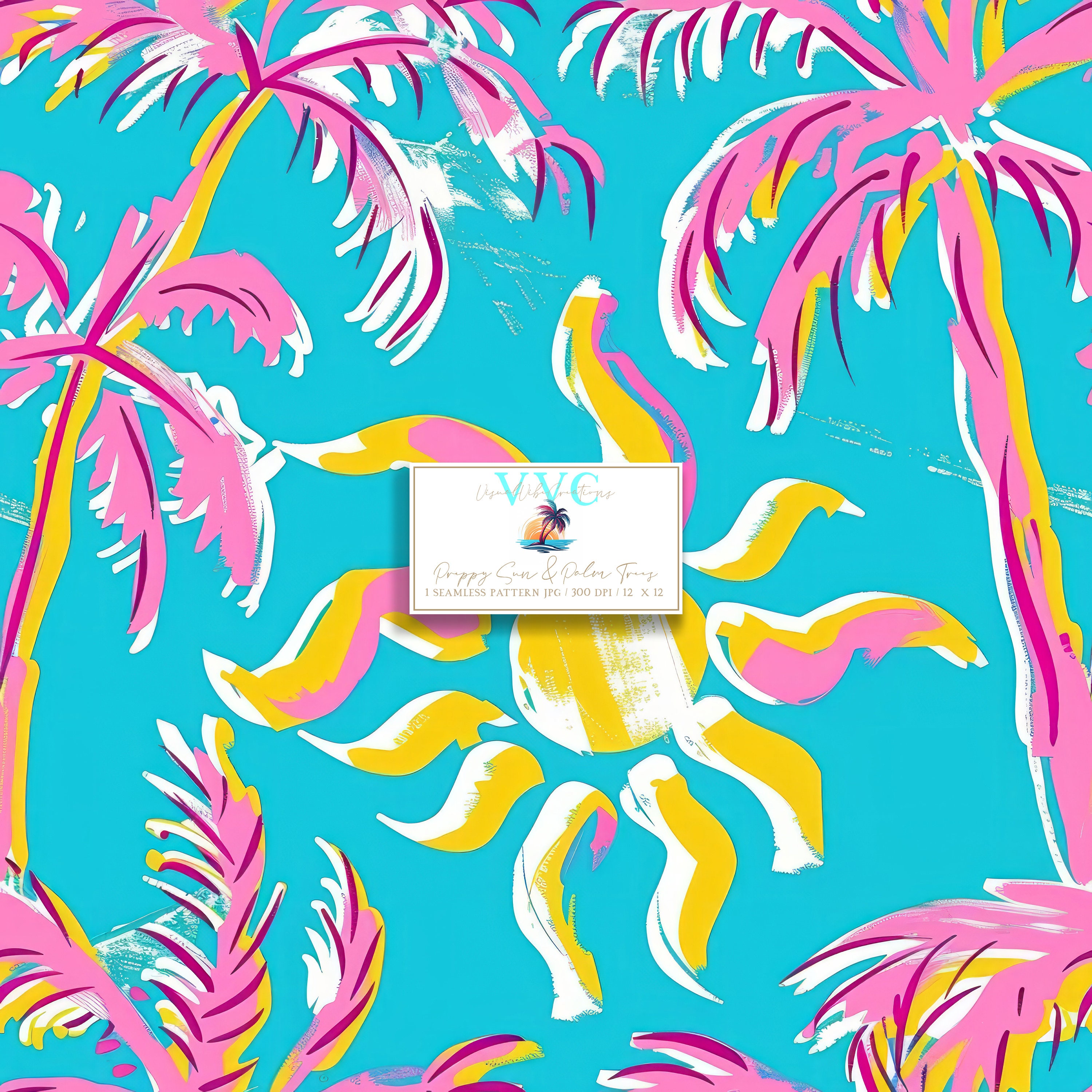 Preppy Sun & Palm Trees Digital Paper, 1 Seamless Pattern for Printable ...