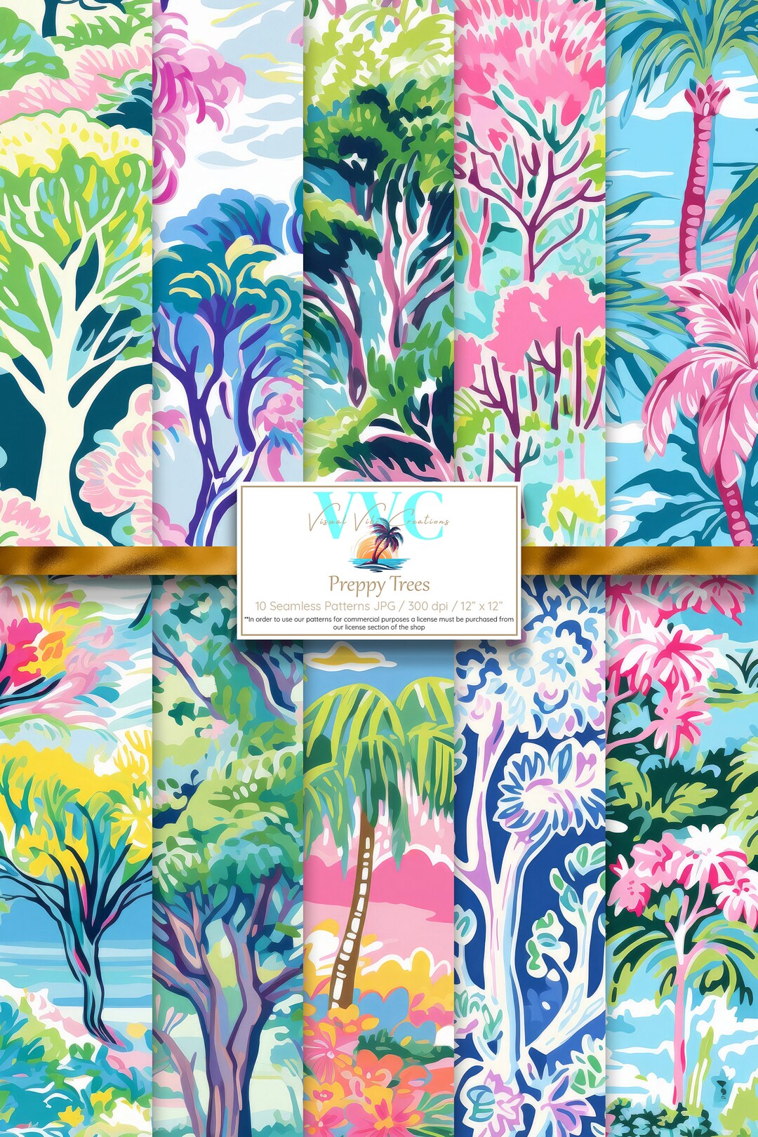 Preppy Trees Digital Paper, 10 Seamless Patterns for Printable ...