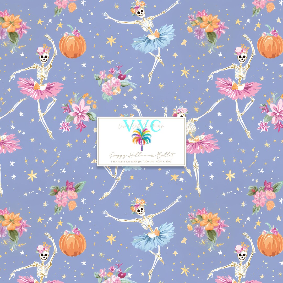Preppy Halloween Ballet, 1 Seamless Pattern, Pastel Skeleton Ballerinas ...