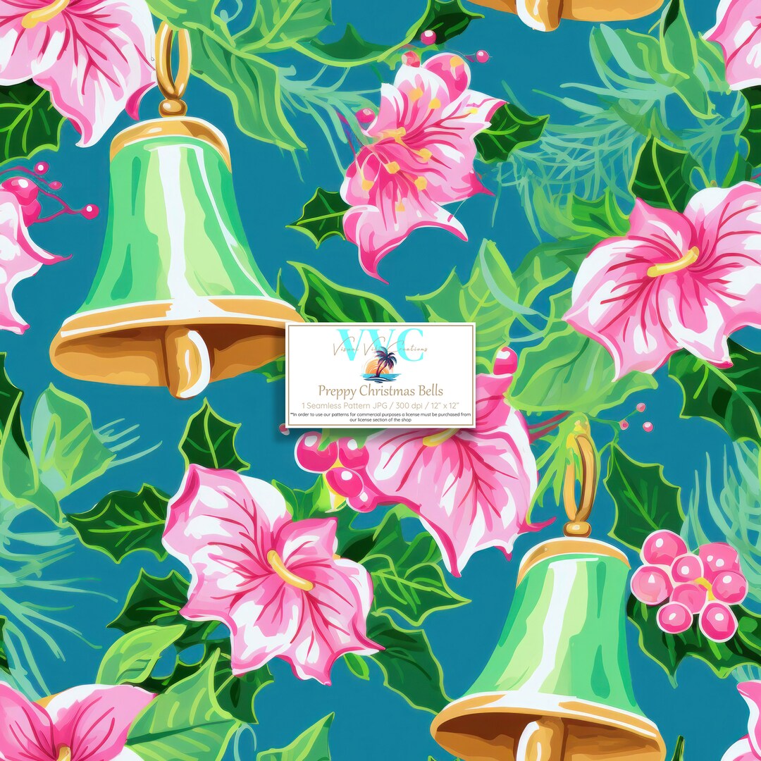 Preppy Christmas Bells Digital Paper, 1 Seamless Tropical Pattern for ...