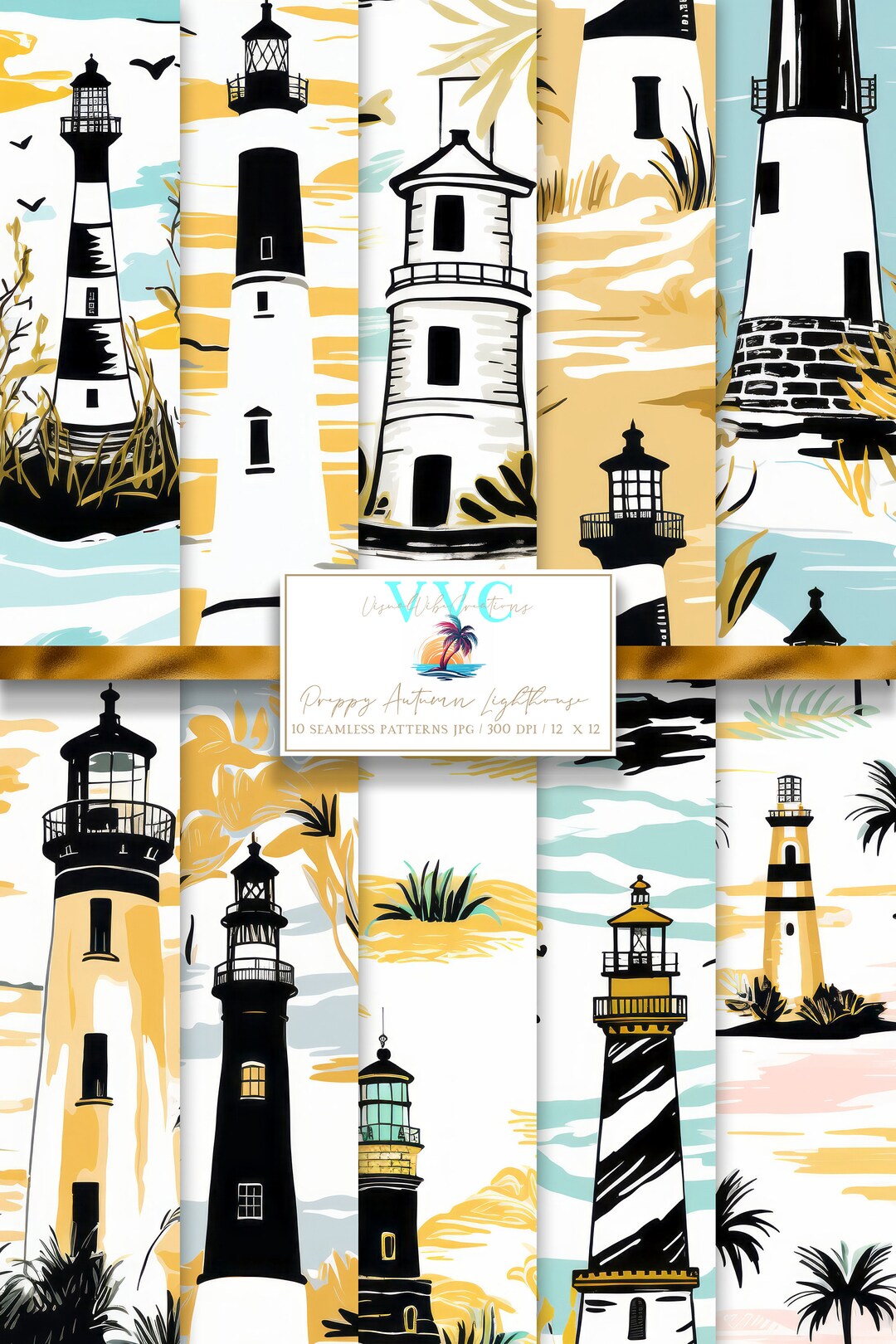 Preppy Autumn Lighthouse Digital Paper, 10 Seamless Patterns for ...