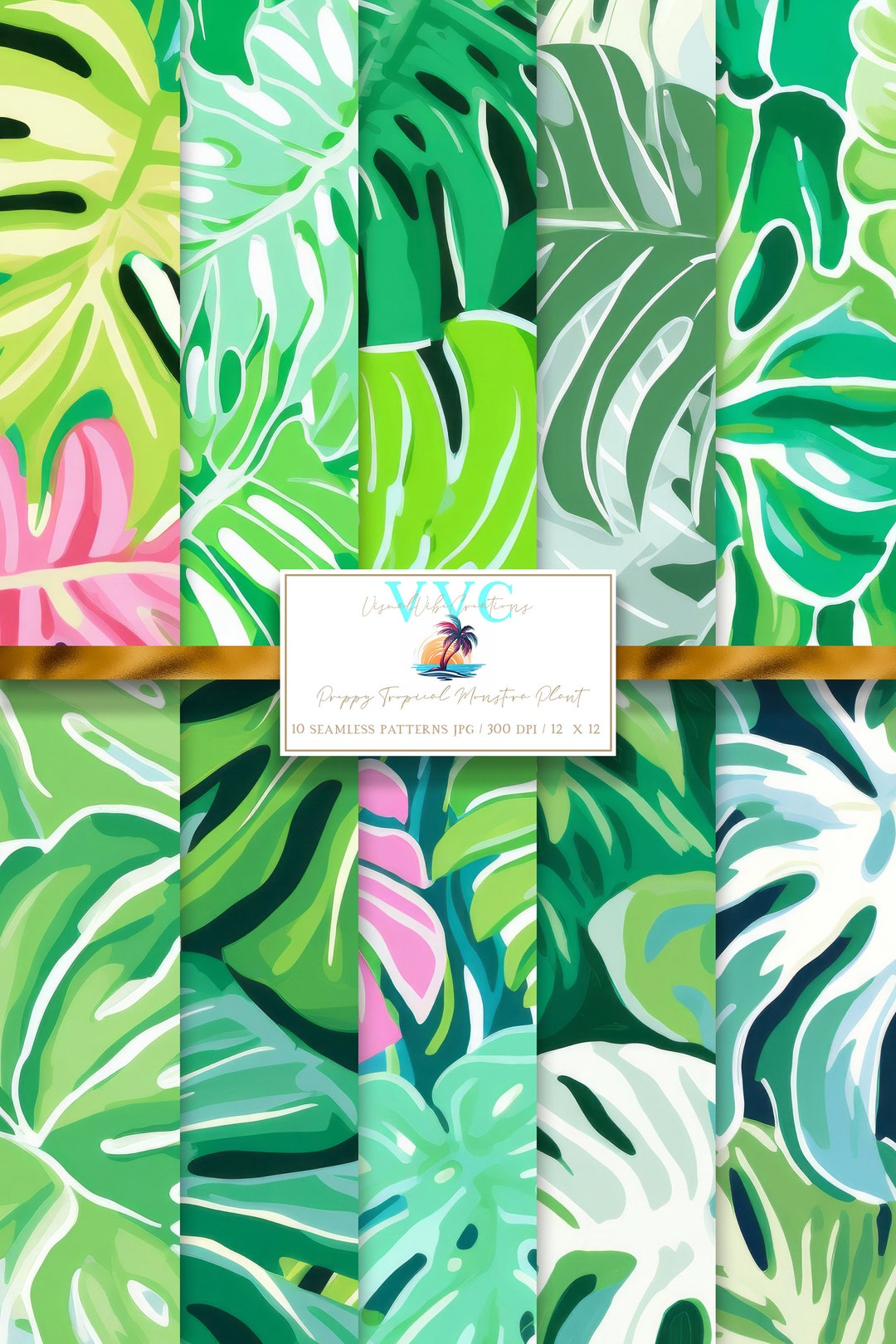 Preppy Tropical Monstera Plant Digital Paper, 10 Seamless Patterns for ...