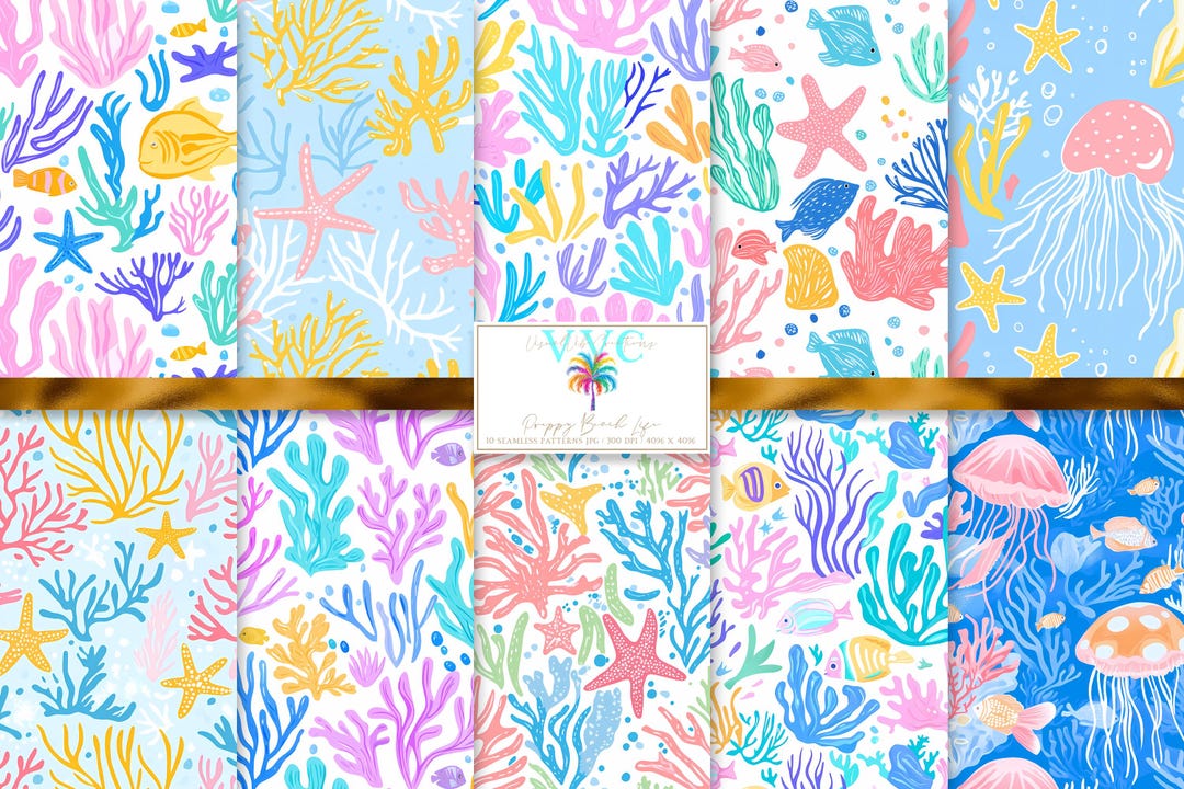 Preppy Beach Life Digital Paper, 10 Seamless Patterns for Printable ...