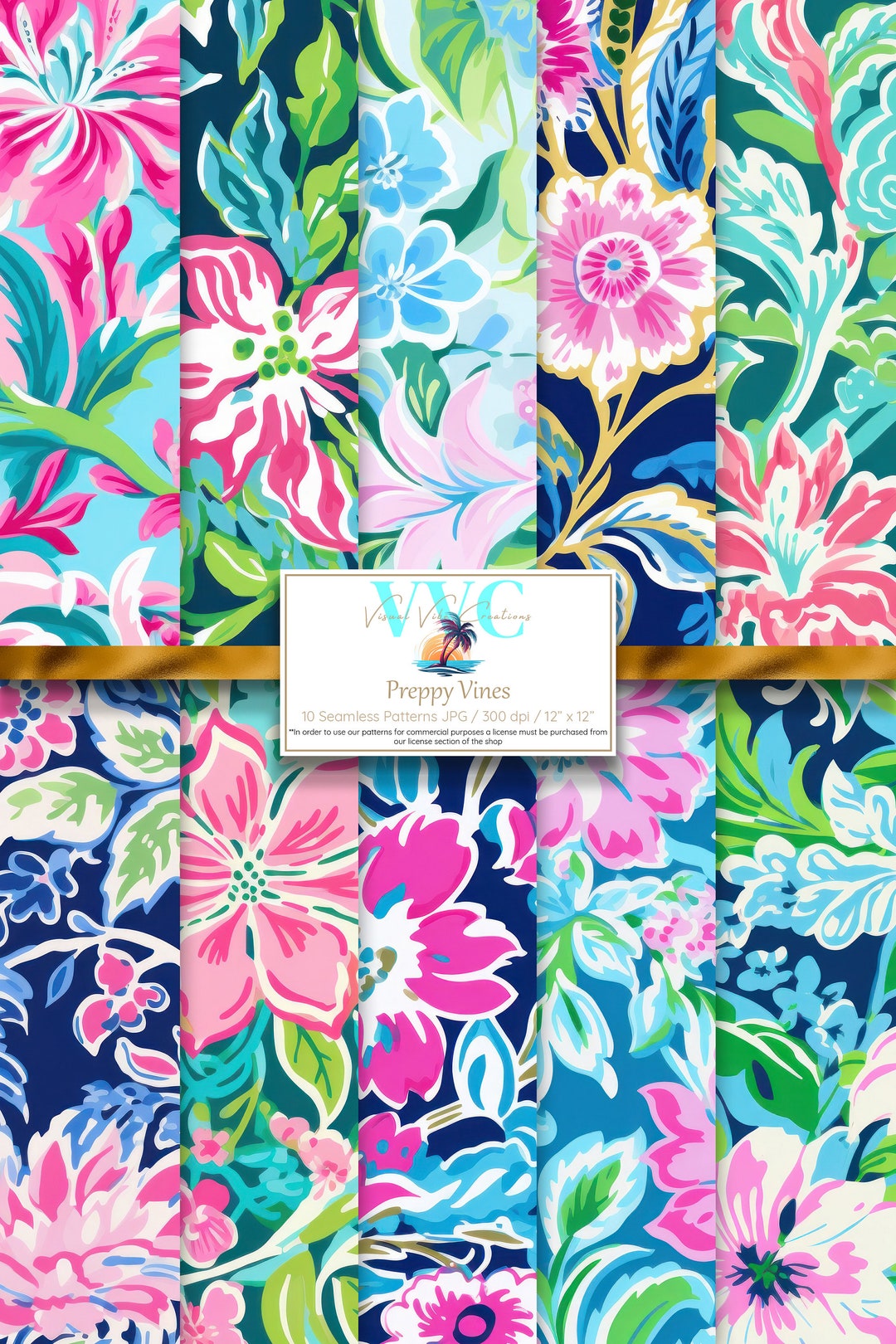 Preppy Vines Digital Paper, 10 Seamless Patterns for Printable ...