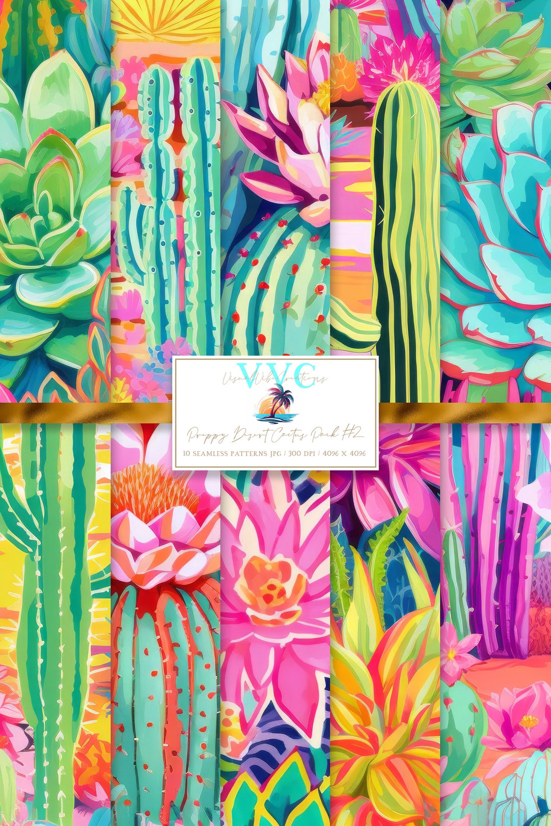 Preppy Desert Cactus Pack #2 Digital Paper, 10 Seamless Patterns for ...