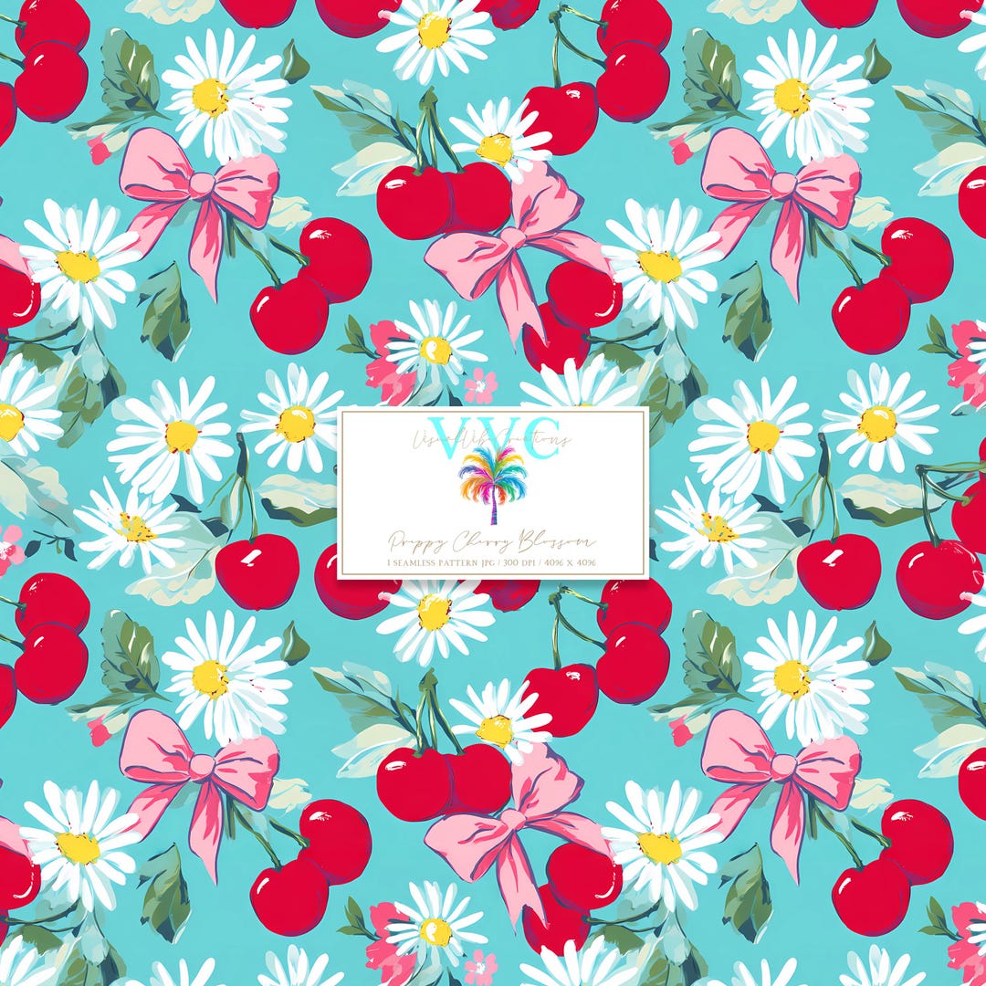 Preppy Cherry Blossom, 1 Seamless Pattern, Cherry Bow Pattern, Fruit ...