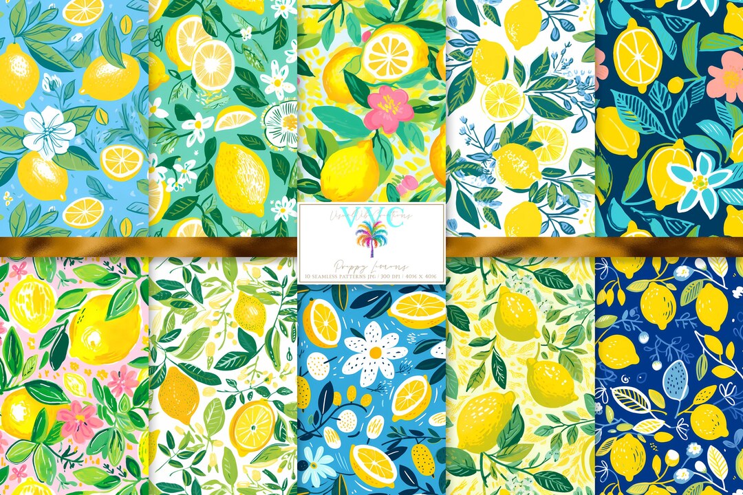 Preppy Lemons, 10 Seamless Patterns Digital Paper, Lemon Citrus ...