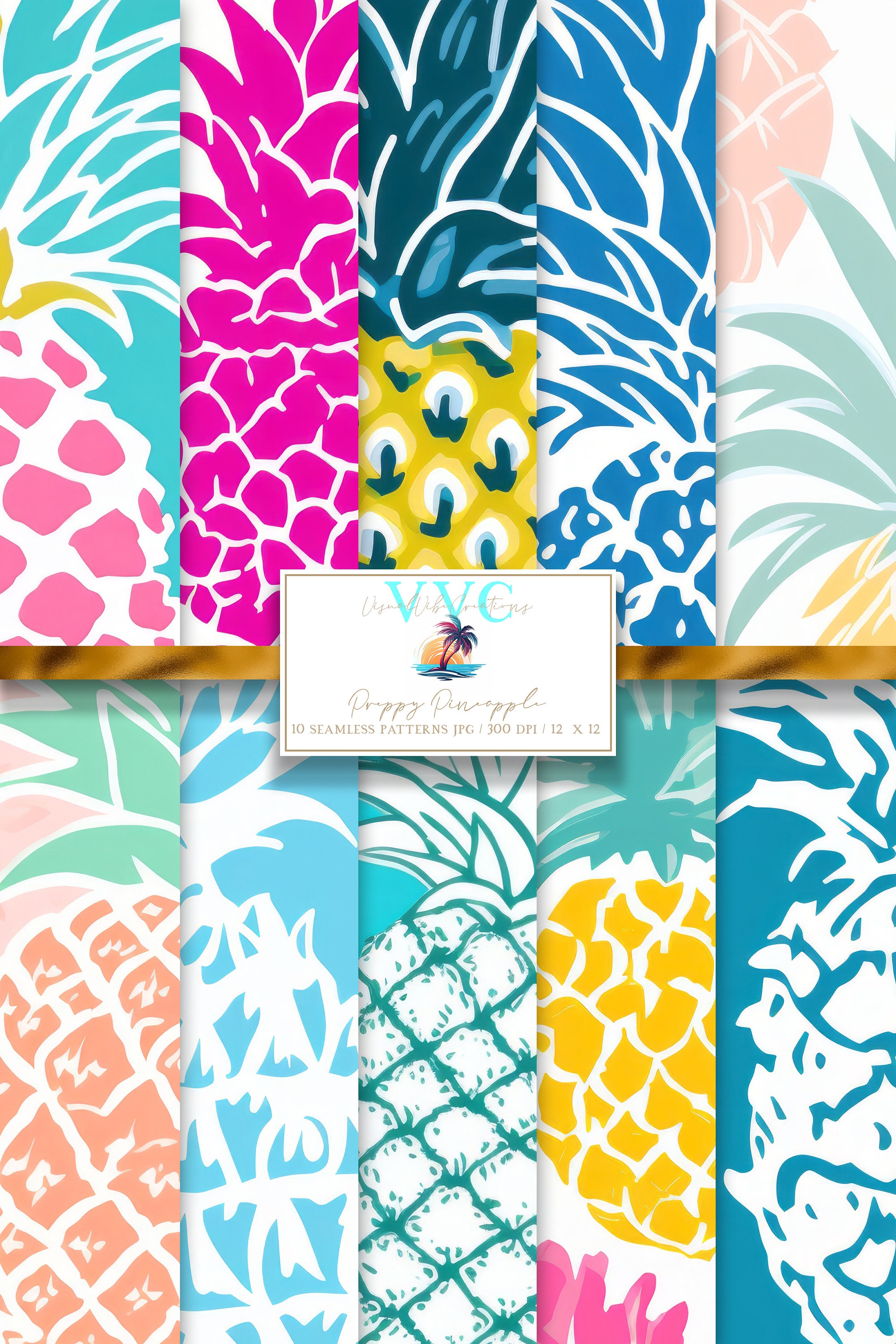 Preppy Pineapple Digital Paper, 10 Seamless Preppy Patterns for Printable Scrapbook Paper ...