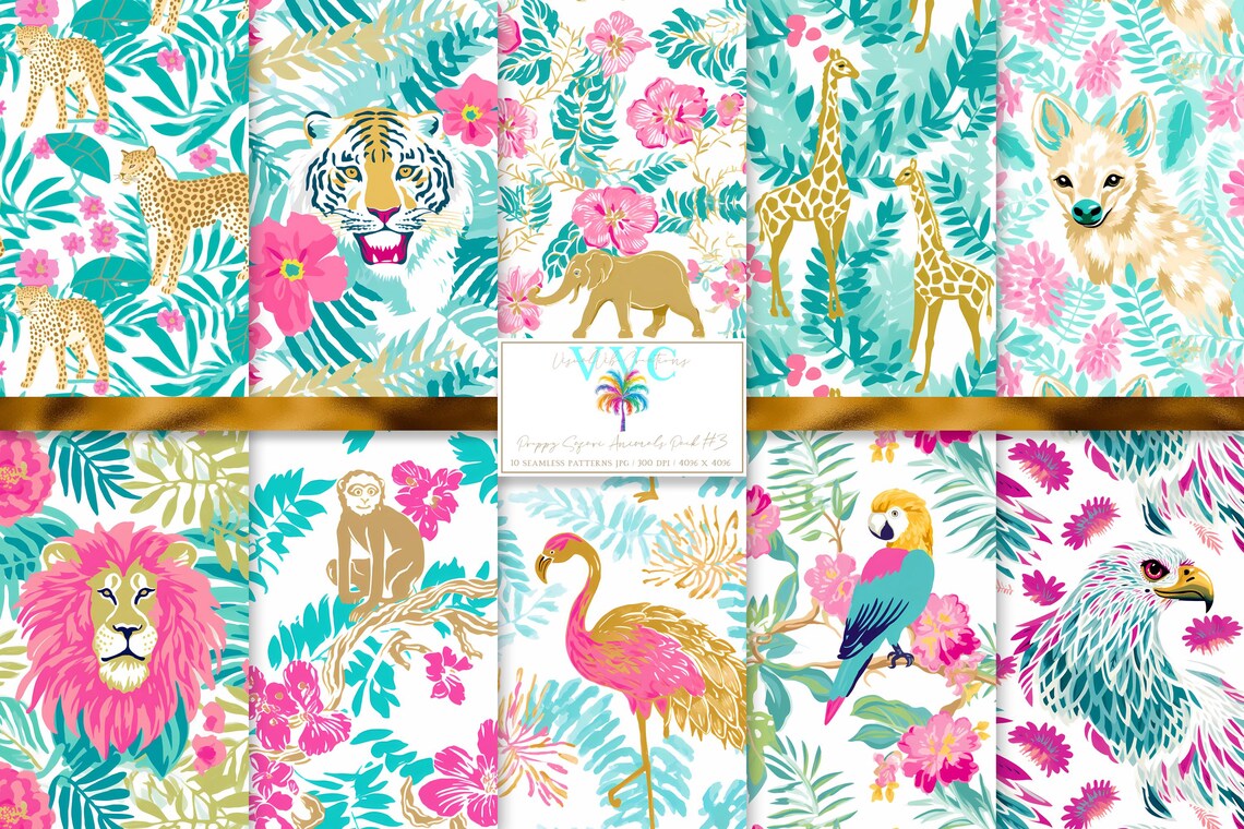 Preppy Safari Animals Pack #3 Digital Paper, Colorful Jungle Nursery ...