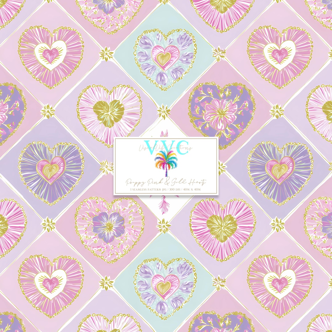 Preppy Pink and Gold Hearts, 1 Seamless Pattern, Valentine Heart ...